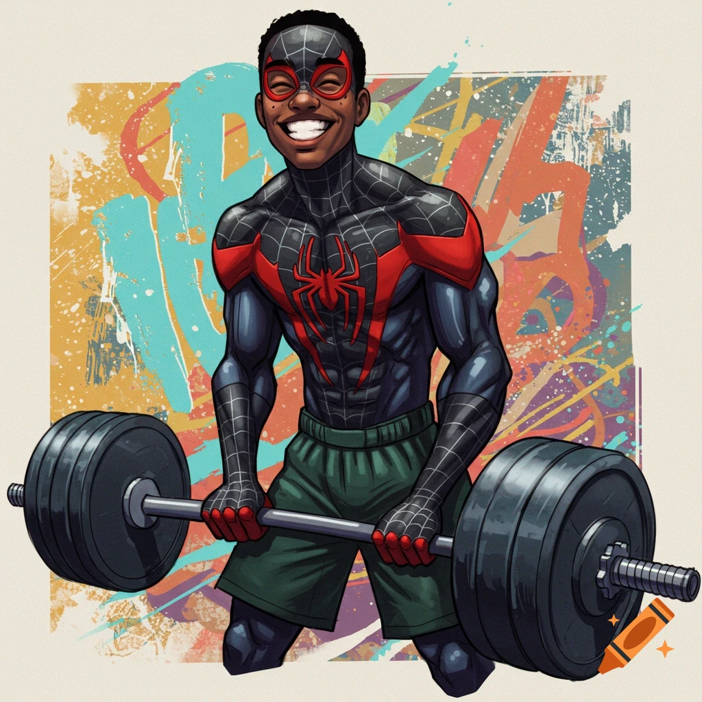 Miles Morales smiling and lifting a barbell in a stylized art style. on ...
