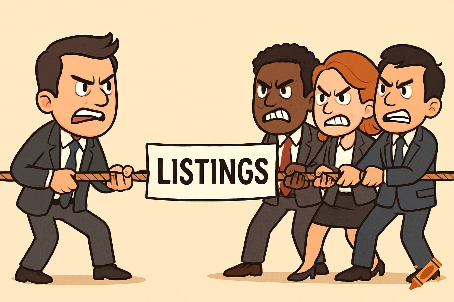 Cartoon of angry real estate agents playing tug-of-war over a banner ...