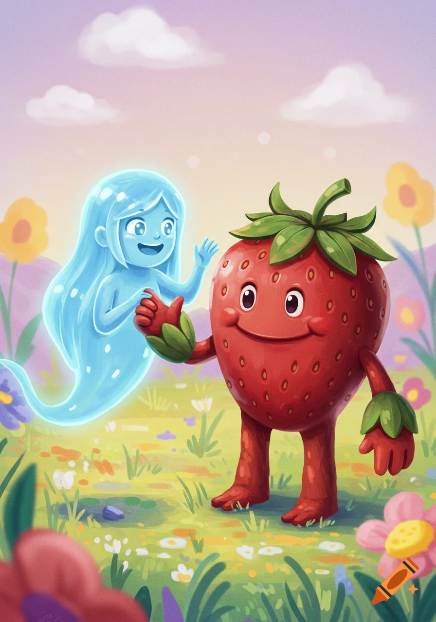 Blue ghost girl gives a thumbs-up to a smiling strawberry character in ...
