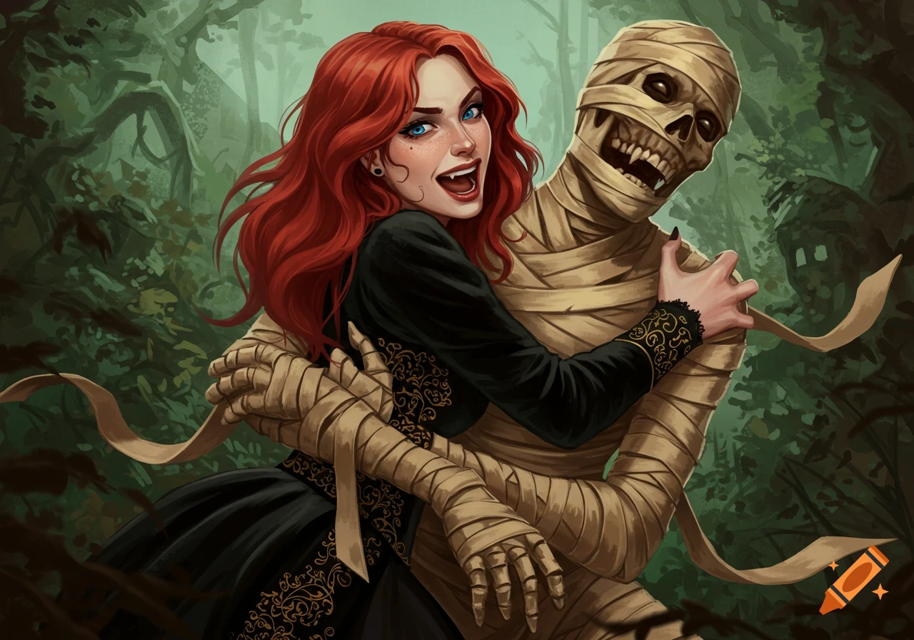 Digital painting of a woman with fangs embracing a mummy in a forest ...
