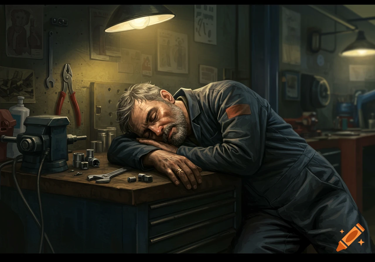 Illustration of a tired mechanic sleeping on a workbench in a cluttered ...