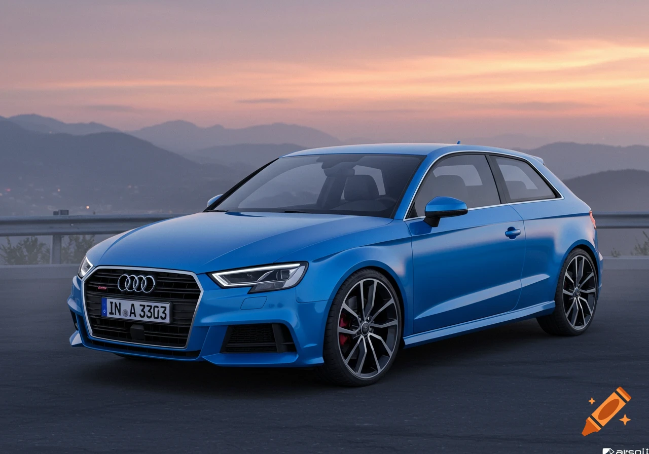 A blue Audi A3 sports hatchback parked on a road with mountains in the ...
