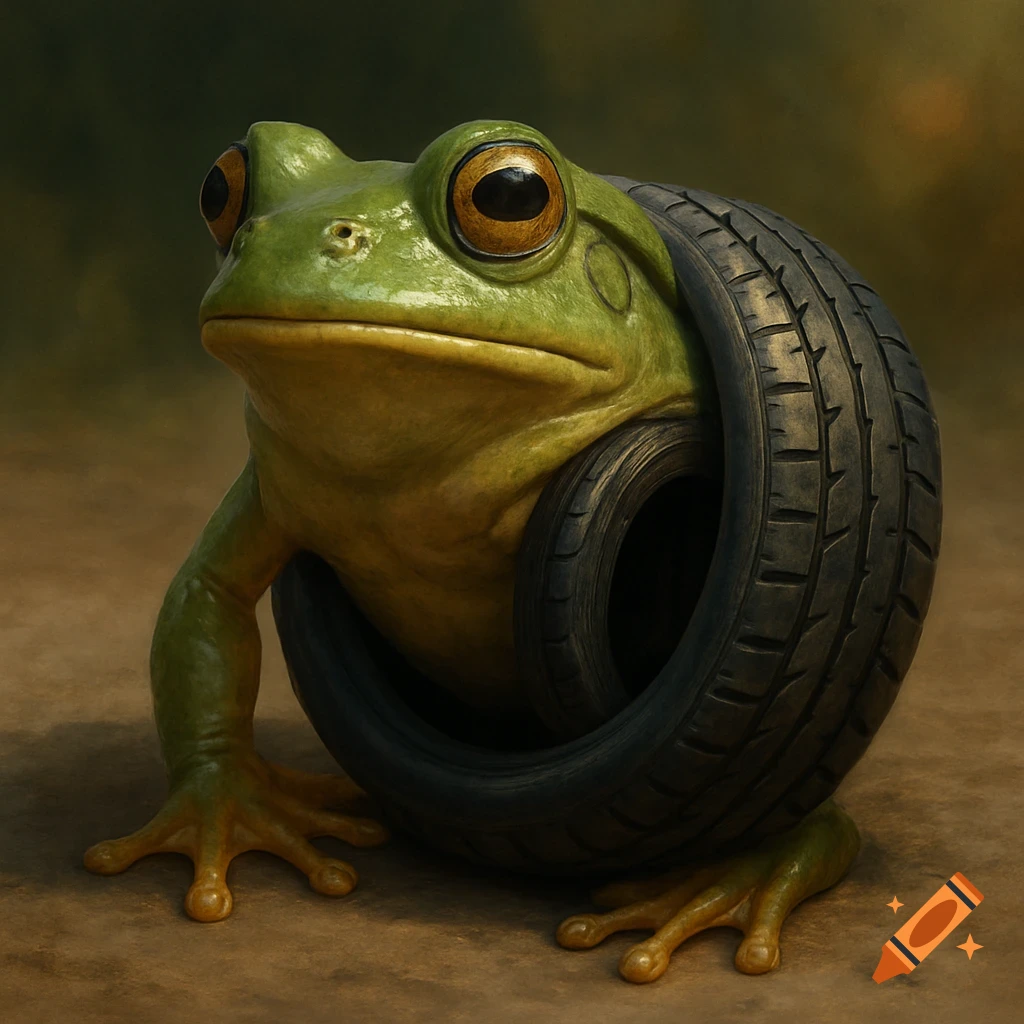 A large green frog peeking out from inside a car tire. on Craiyon