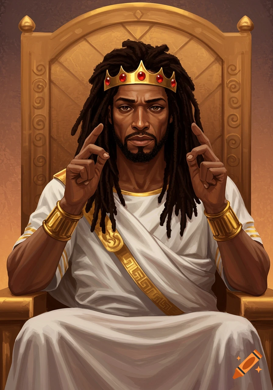 A Black king with dreadlocks wearing a crown and robe sits on a golden ...