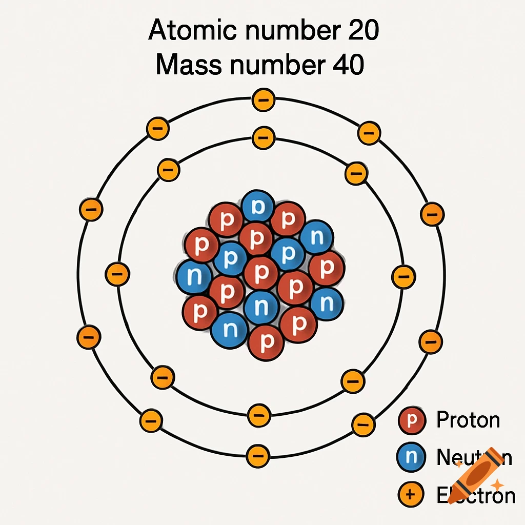 Diagram of an atom with nucleus, electron shells, and labels. on Craiyon