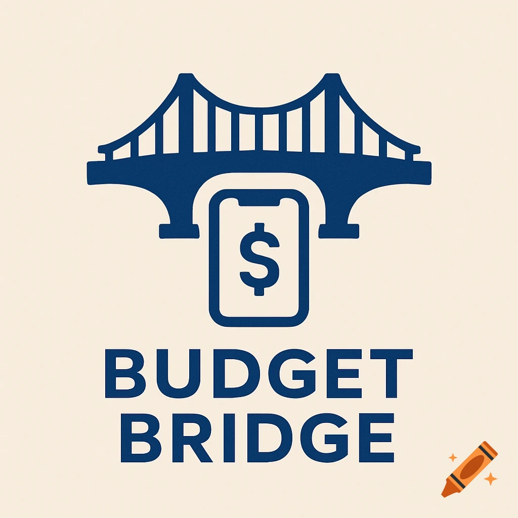 Logo with a bridge over a phone displaying a dollar sign, and the text ...