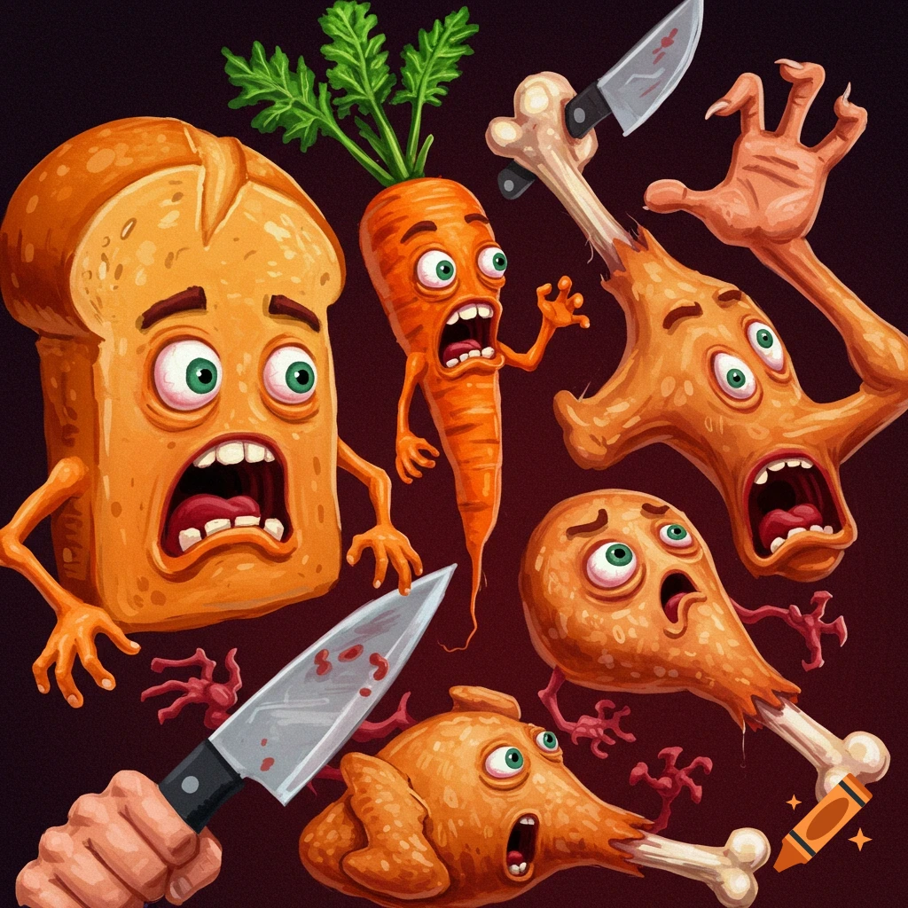 Cartoon illustration of scared food (bread, carrot, chicken) hiding ...