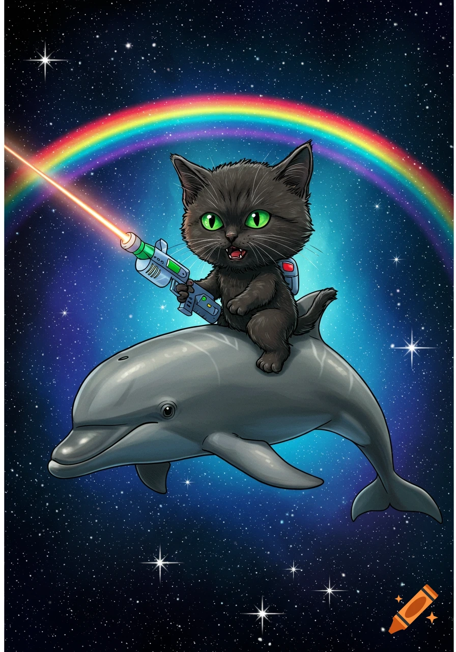 A black cartoon kitten with a laser gun rides a dolphin through space ...