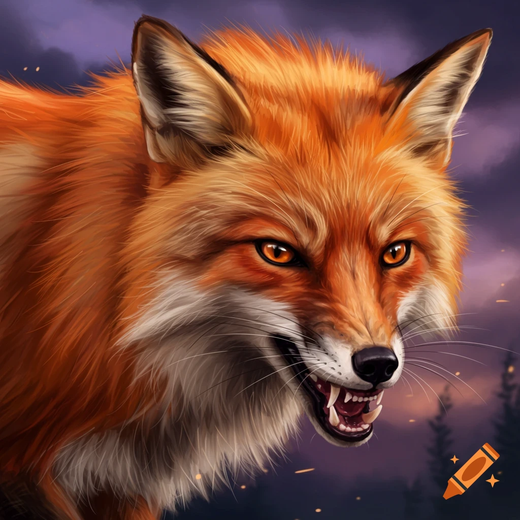 Close-up digital painting of an angry fox with orange eyes snarling ...