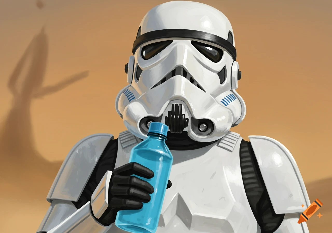 Illustration of a Stormtrooper holding a blue water bottle in a desert ...