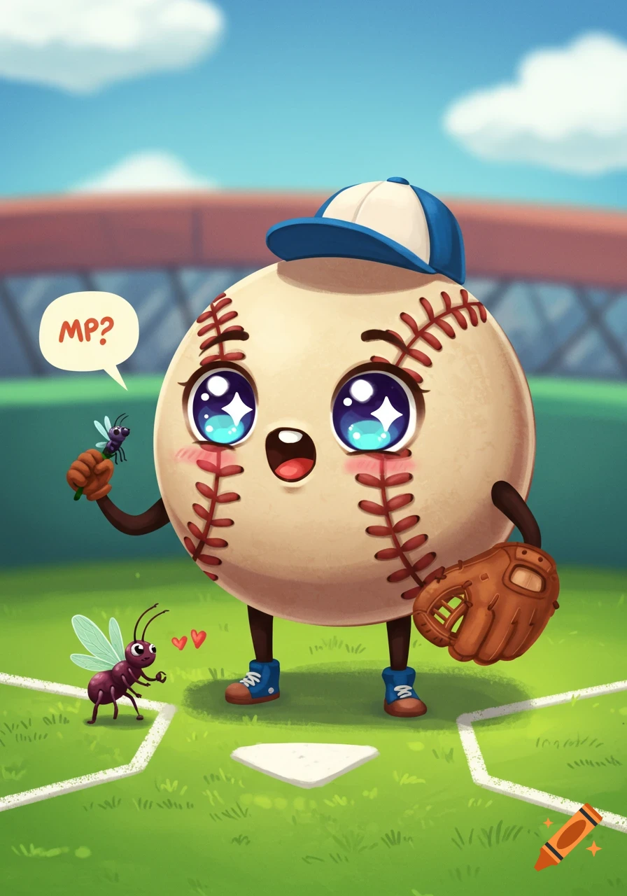 A cute cartoon baseball character with large eyes talks to a winged ant ...