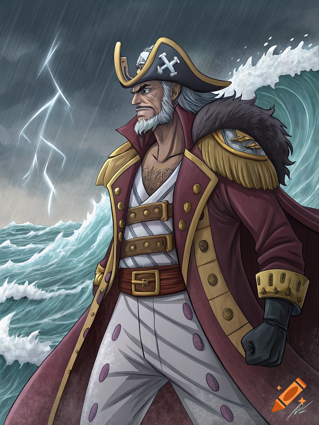 Anime drawing of a pirate captain in a red coat and tricorne hat ...