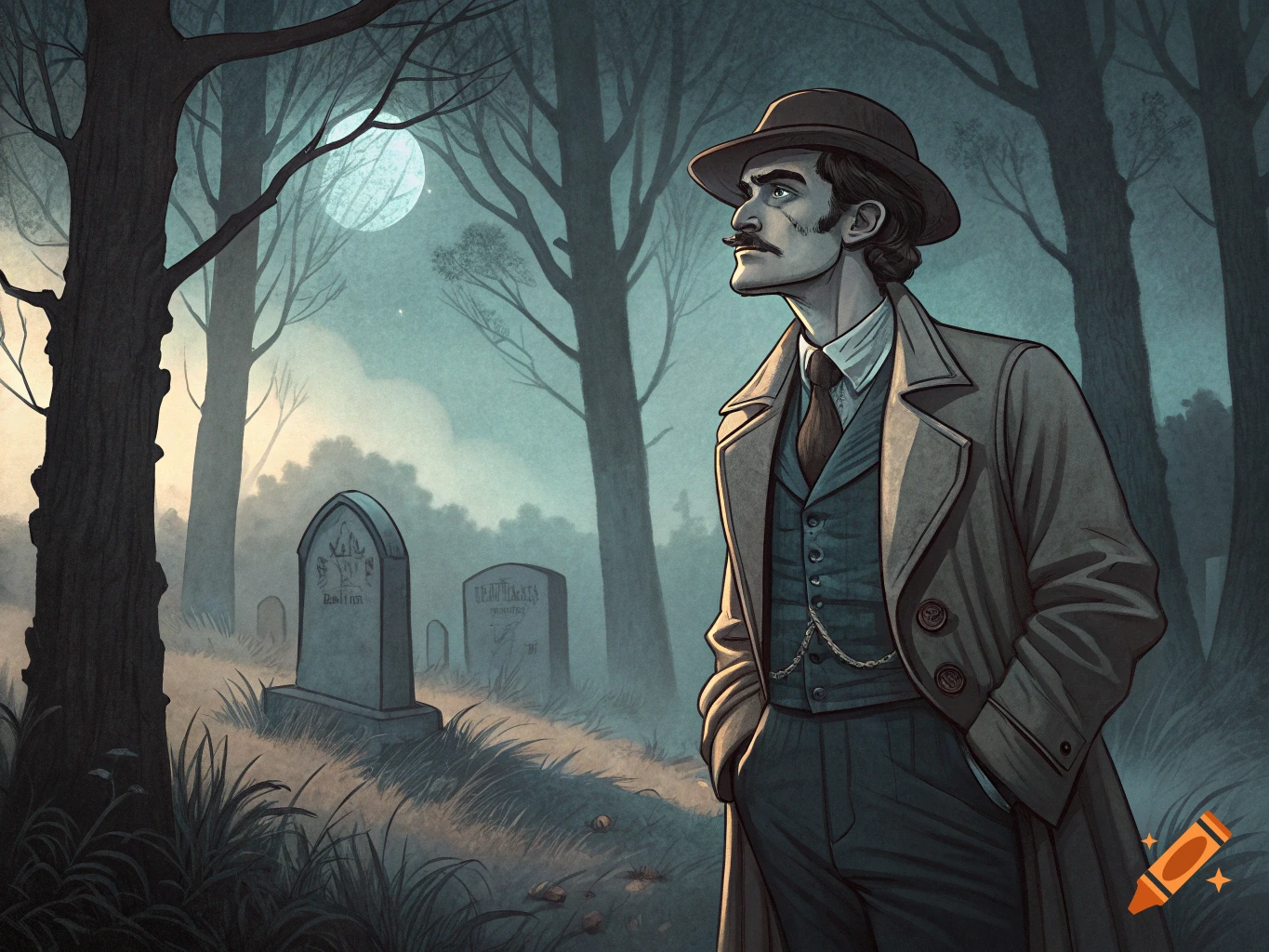 A man in a coat and hat stands in a graveyard under a full moon ...