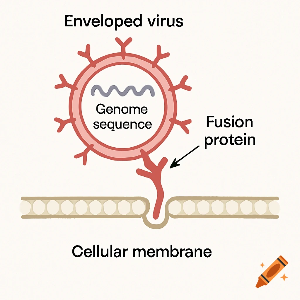 Diagram illustrating an enveloped virus fusing with a cellular membrane ...