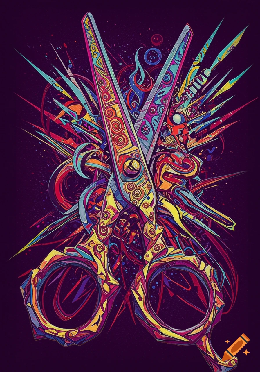 Abstract illustration of a pair of colorful decorative scissors with ...