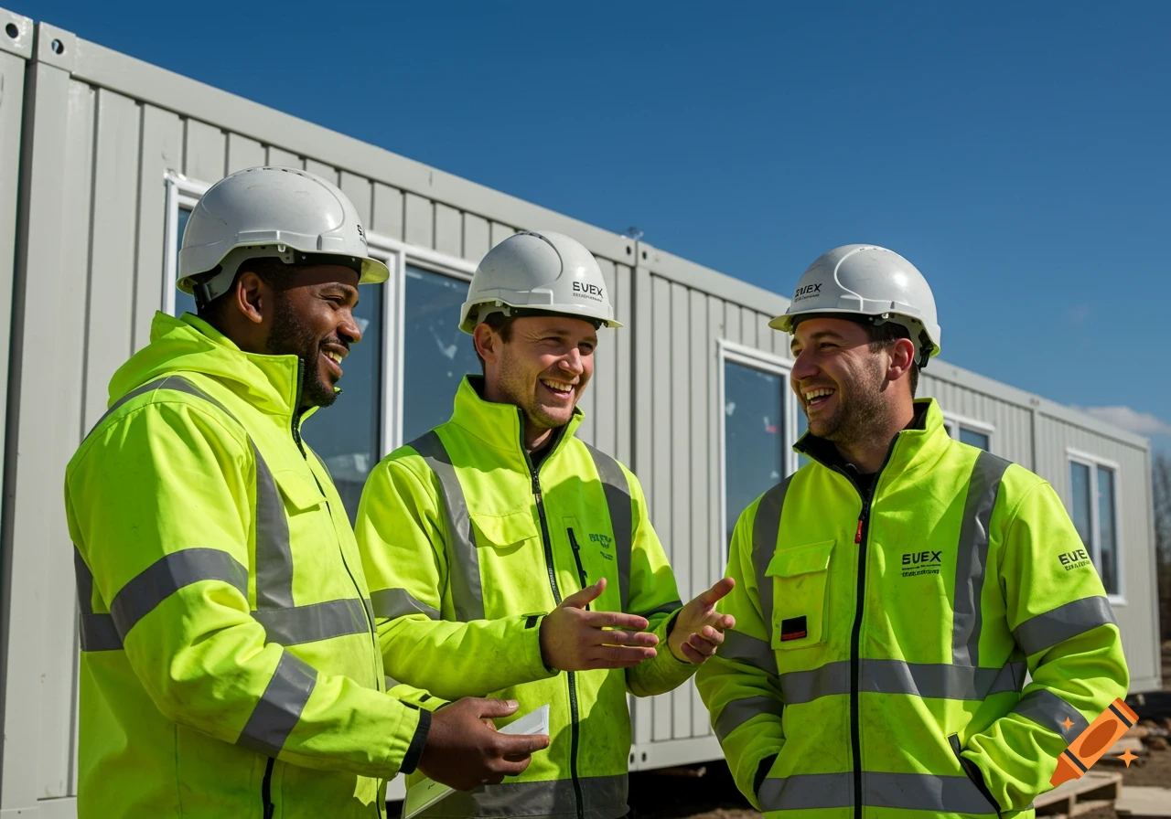 Three men in hard hats and high-vis jackets talking in front of a ...