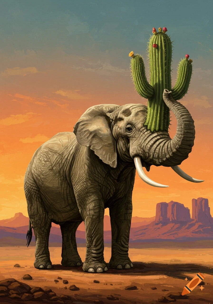 Elephant with a saguaro cactus on its head in a desert landscape ...