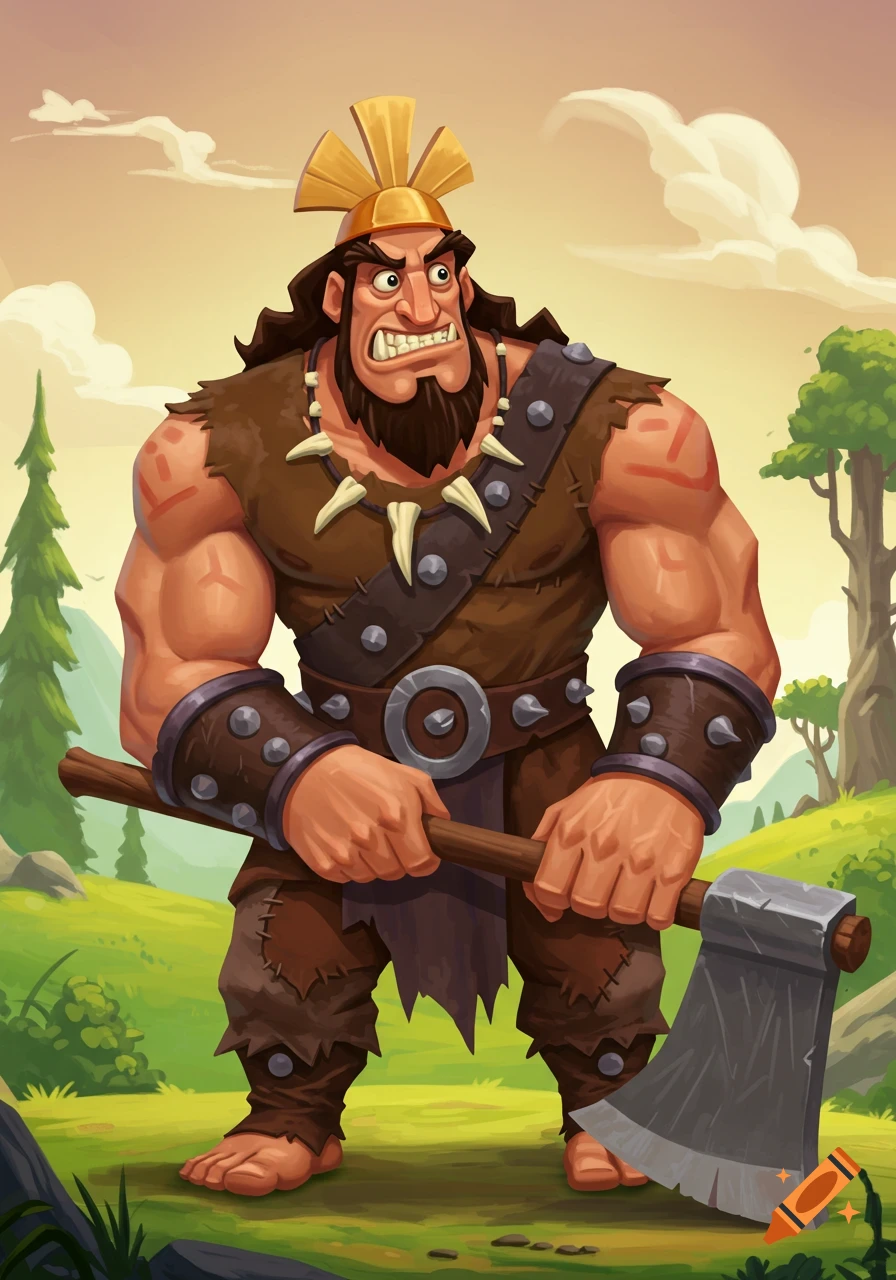 Cartoon fantasy Goliath barbarian holding an axe in a grassy landscape ...
