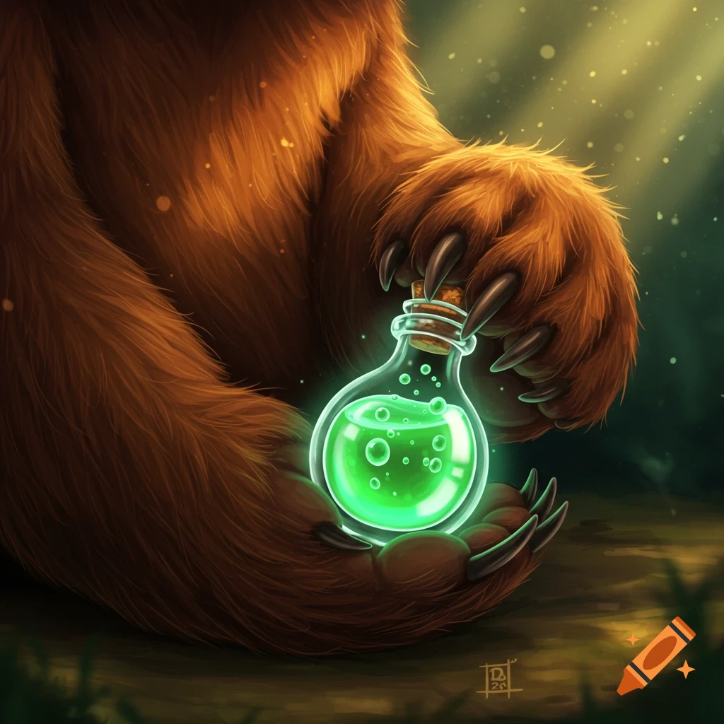 Close-up of a furry bear paw holding a glowing green potion bottle. on ...