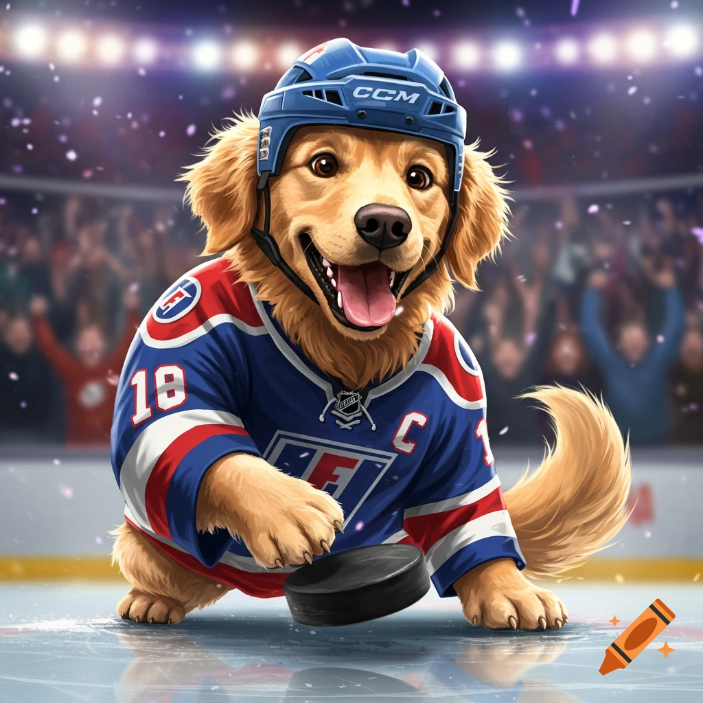 A golden retriever dog in a hockey uniform and helmet plays hockey on ...