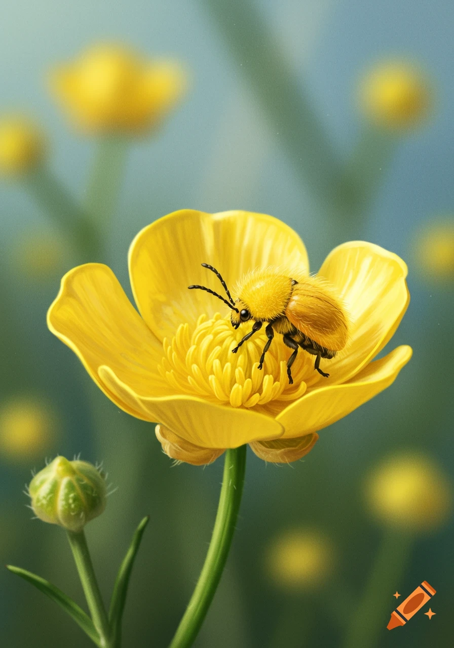 A fuzzy yellow insect sits on a bright yellow buttercup flower. on Craiyon