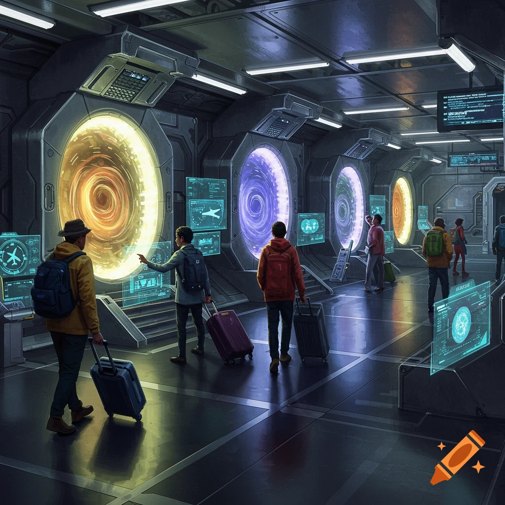 People with luggage at a futuristic teleporter station with glowing ...
