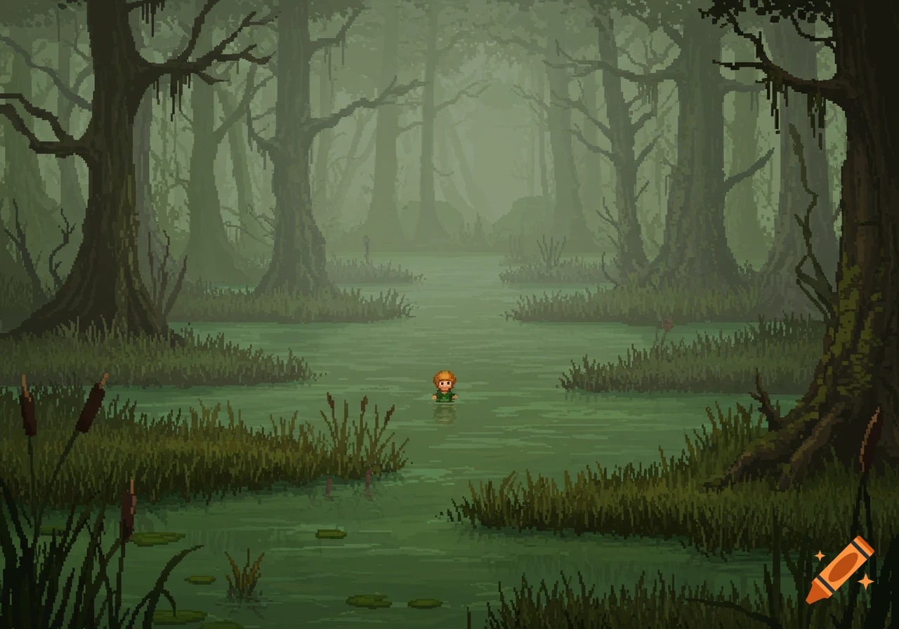 Pixel art of a small person in a foggy swamp. on Craiyon