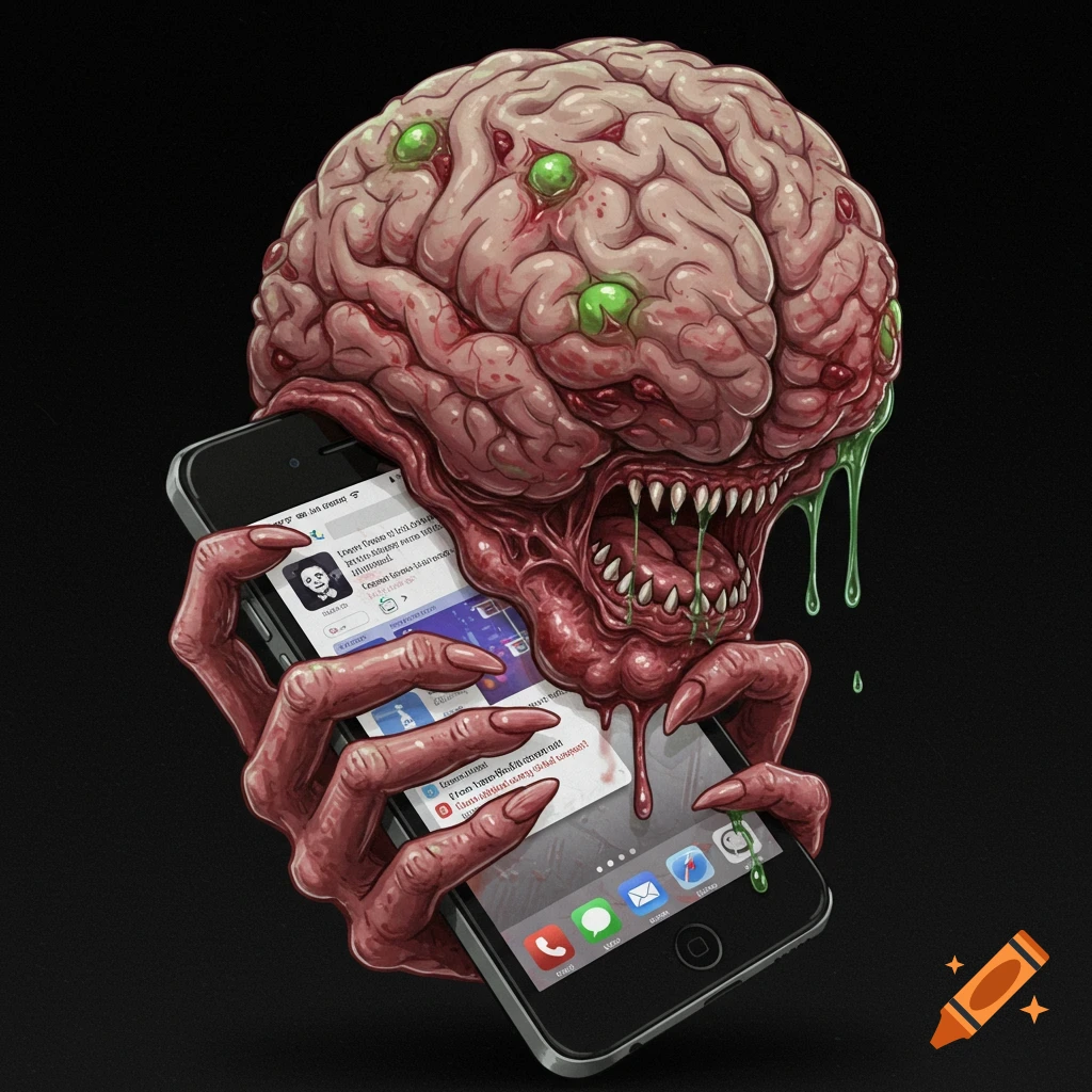Grotesque monster brain with teeth and claws holding a smartphone ...