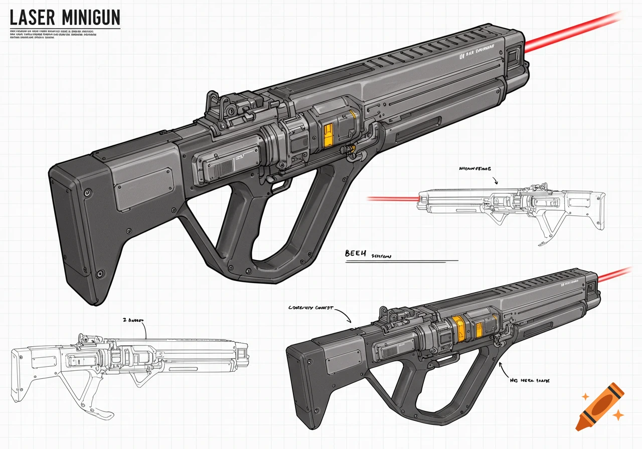 Detailed blueprint drawing of a futuristic laser minigun. on Craiyon