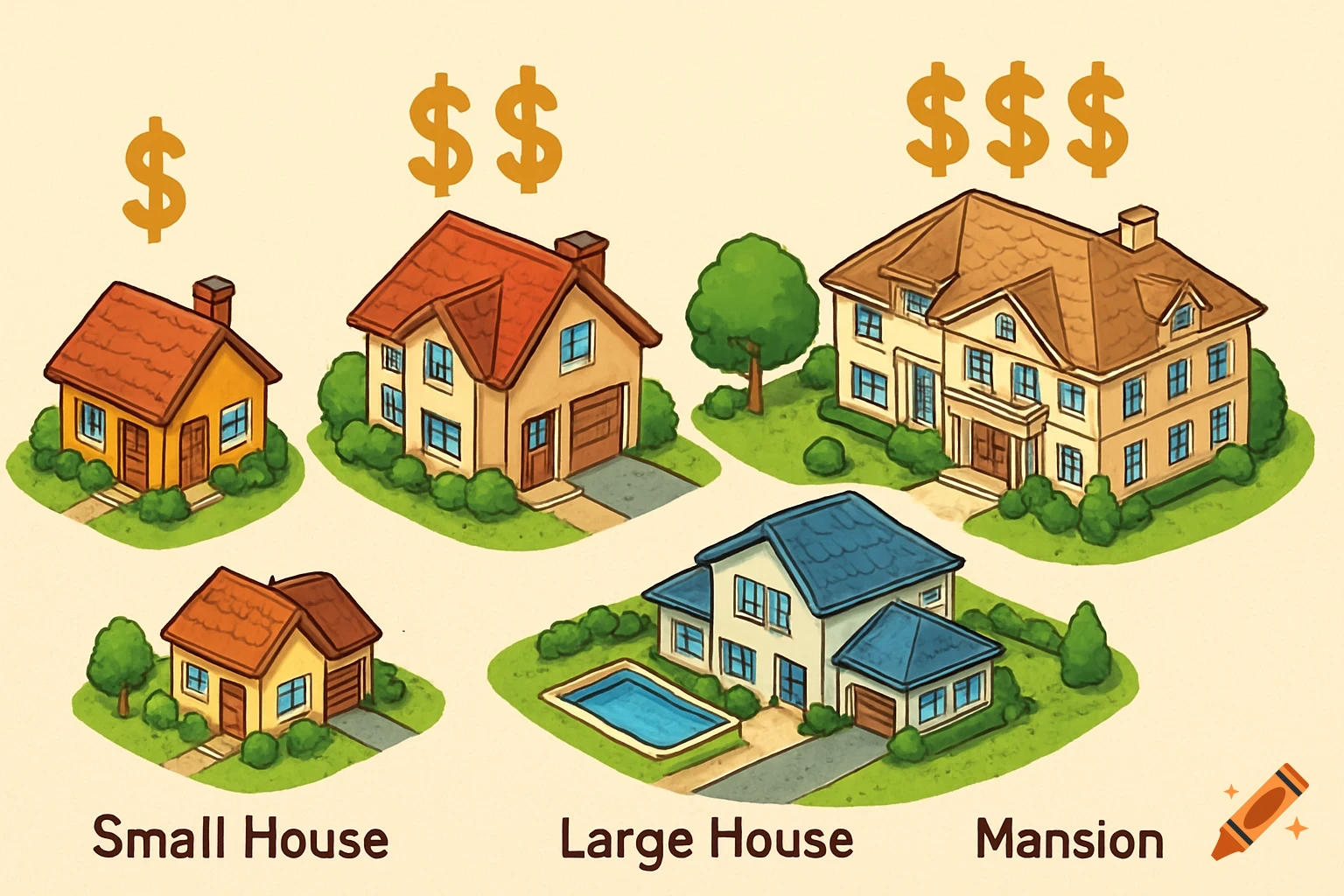 Cartoon houses of increasing size and cost with dollar signs and labels ...
