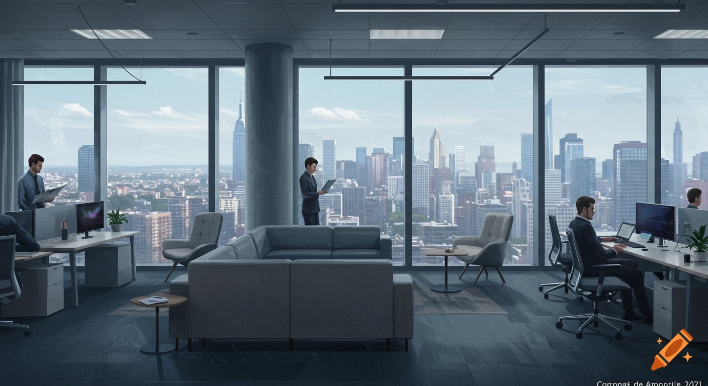 An office with large windows overlooking a city skyline. Several people ...