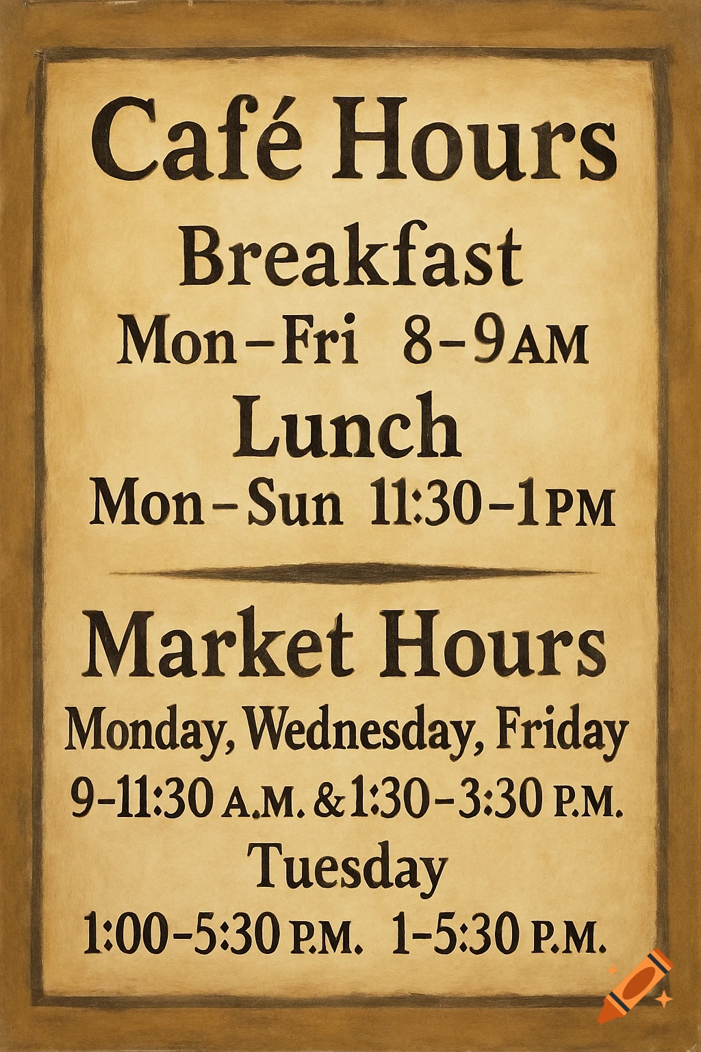 A sign listing cafe and market hours. on Craiyon