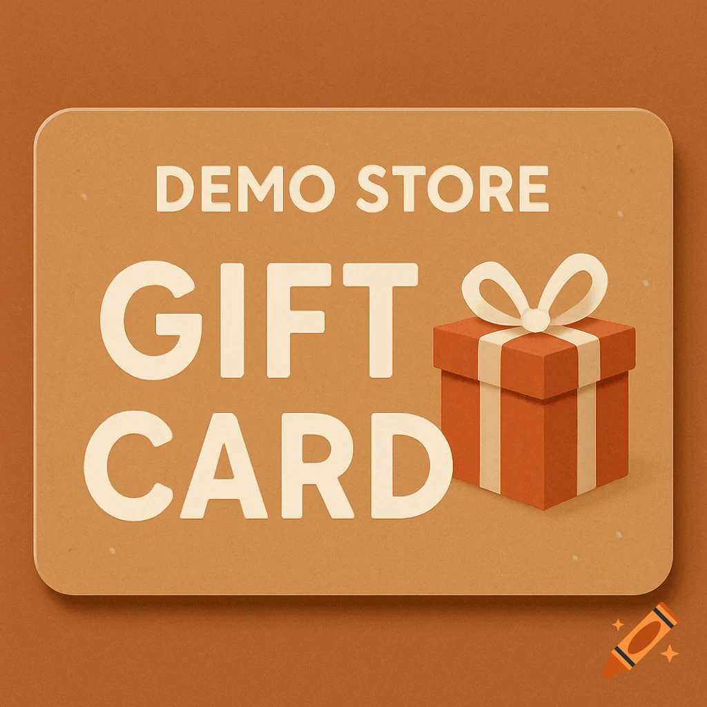 Illustration of a gift card with text 'Demo Store Gift Card' and a red ...