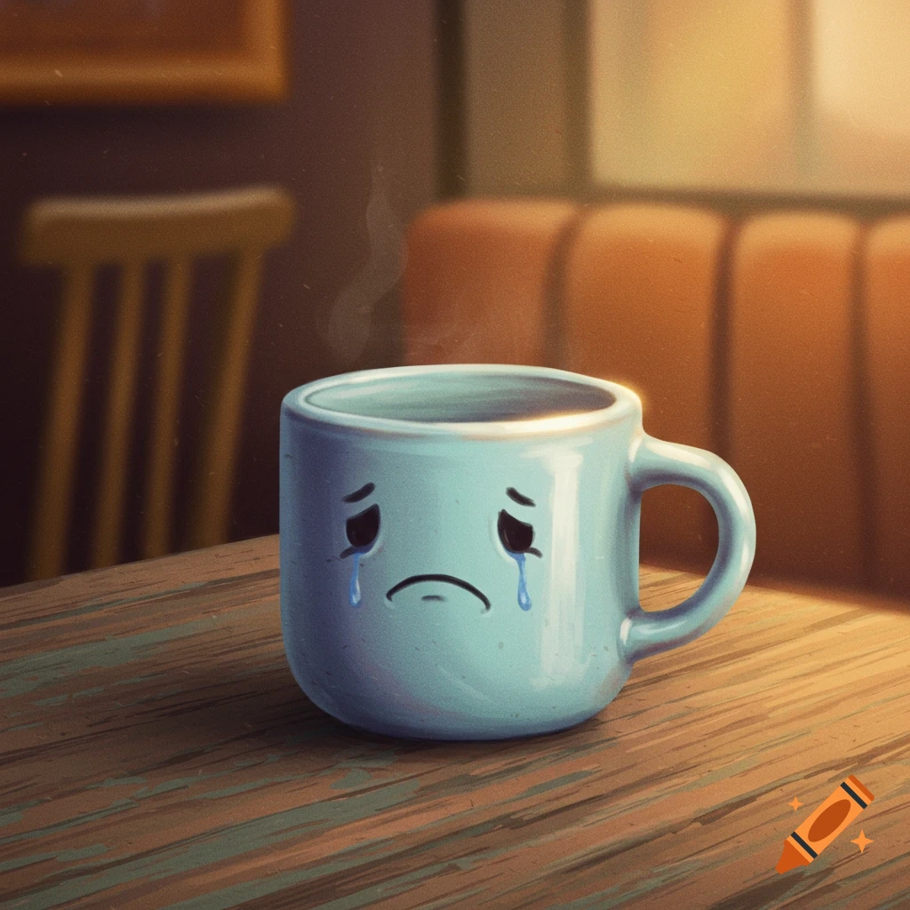 A light blue mug with a sad face and tears sits on a wooden table in a ...