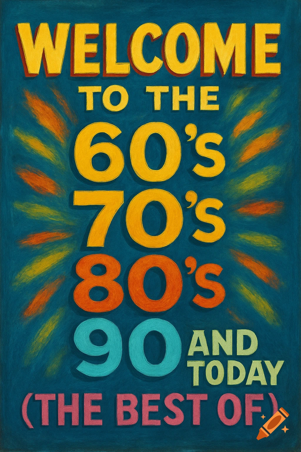 A colorful sign in textured art style listing decades from the 60's to ...