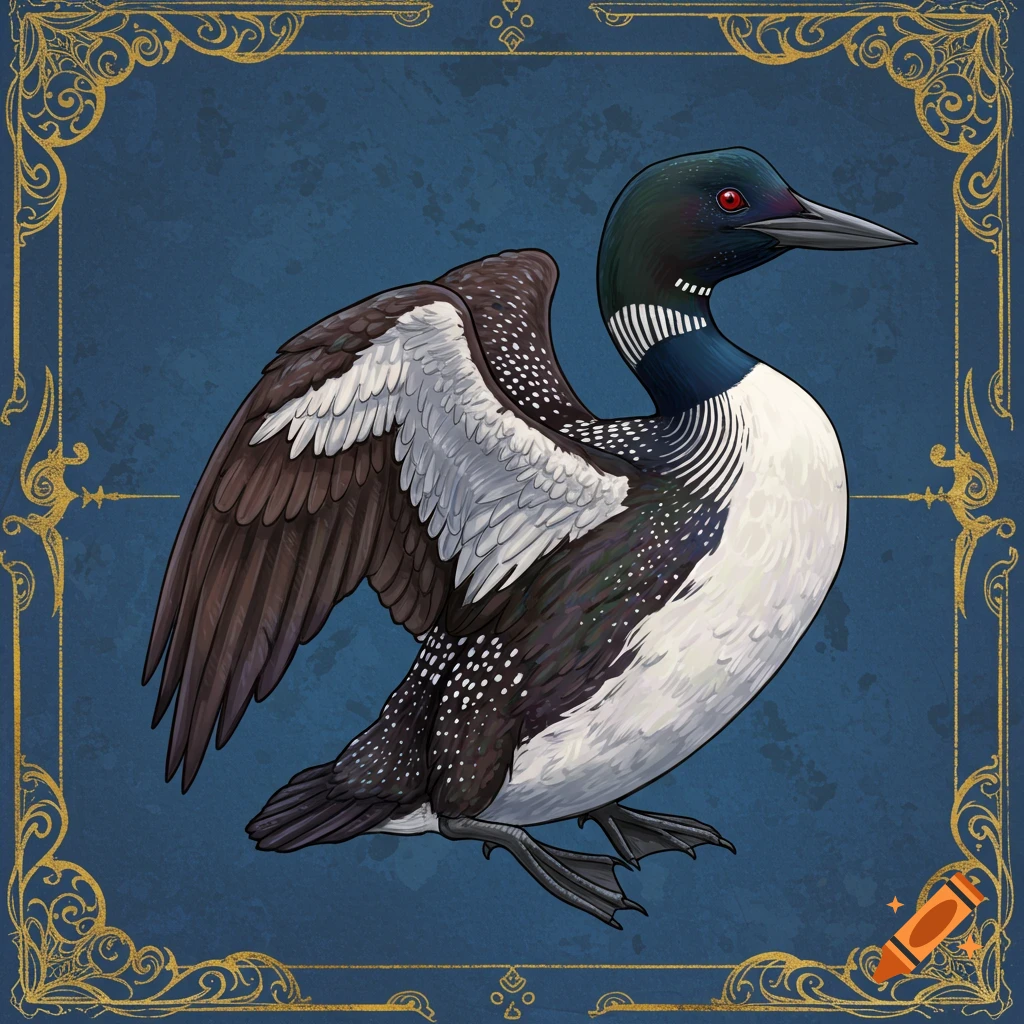 An illustrated common loon with spread wings, set against a blue ...