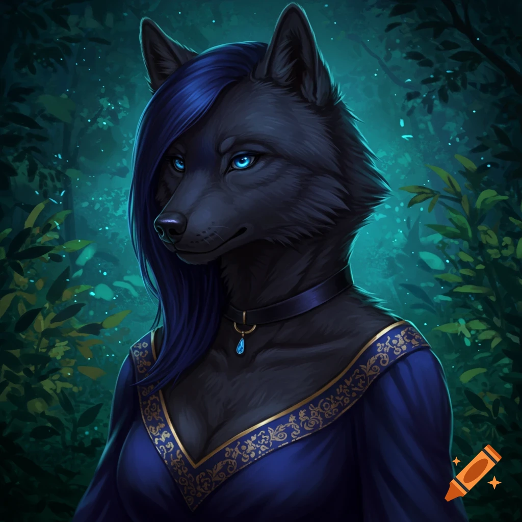 Anthropomorphic black wolf female with blue hair and blue eyes in a ...