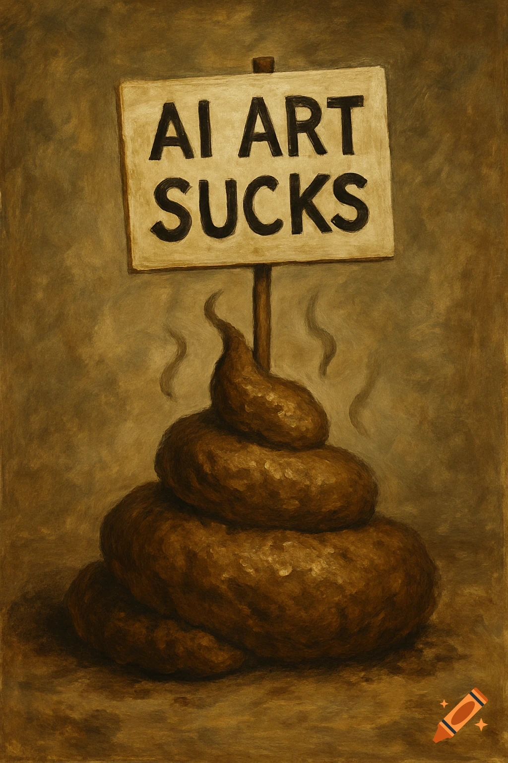 A painting of a pile of poop with a sign that reads 'AI ART SUCKS'. on ...
