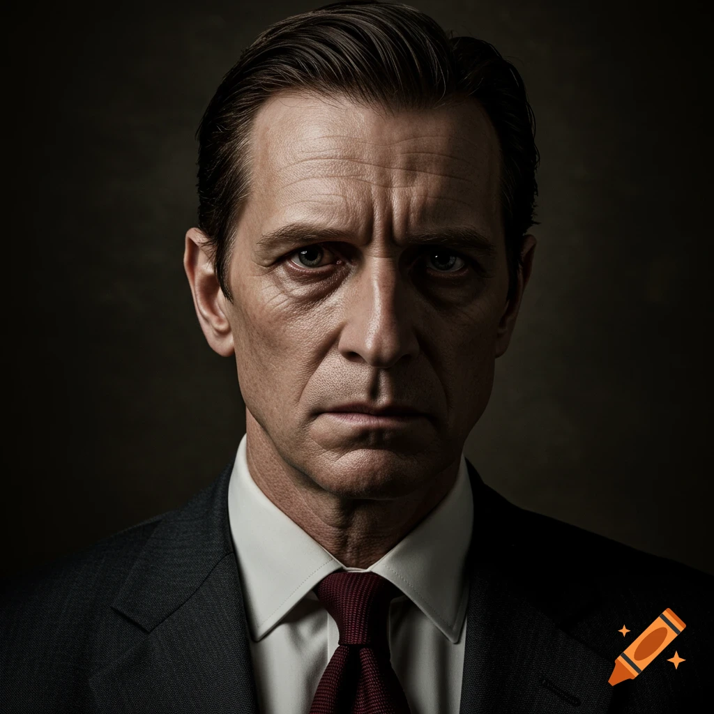 A close-up portrait of a stern man in a suit and tie with dramatic ...