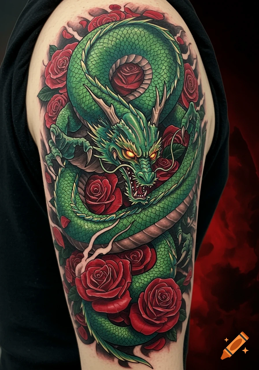 Dragon and roses tattoo on arm. on Craiyon