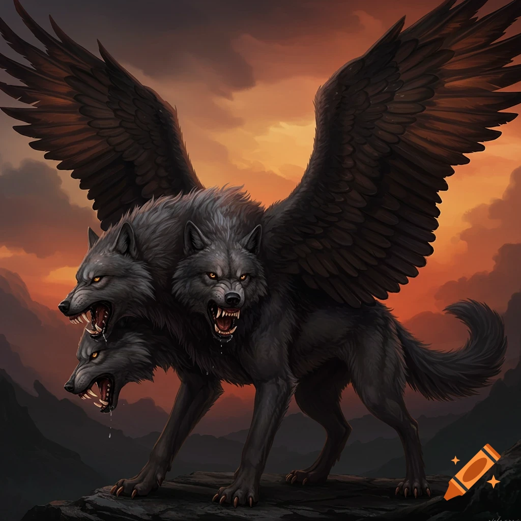 A three-headed black wolf with large wings standing on a rock against ...