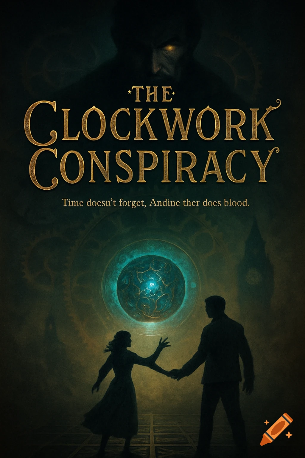 Dark atmospheric book cover with title 'The Clockwork Conspiracy', two ...