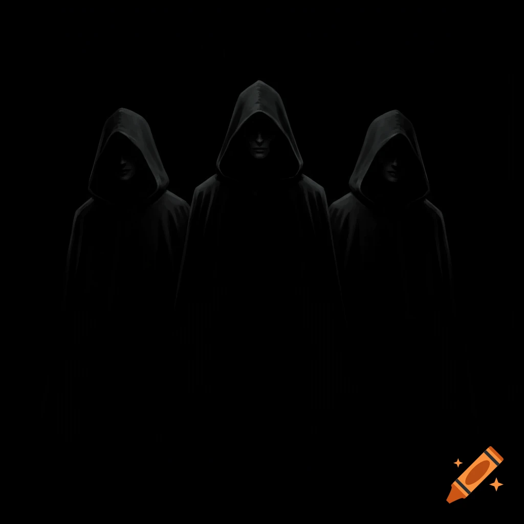 Three shadowy figures in dark hoods stand in the dark. on Craiyon