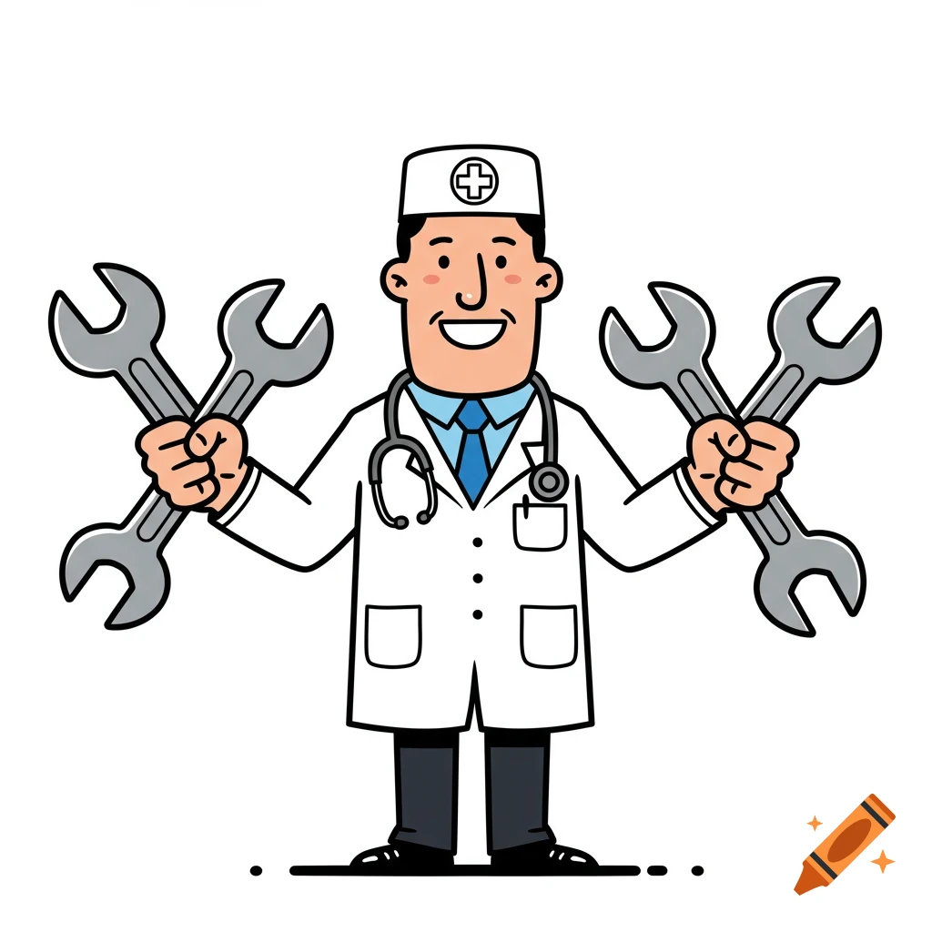 Cartoon illustration of a doctor in a lab coat and stethoscope, holding ...