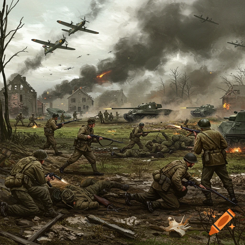 Painting of a WW2 battle scene with soldiers, tanks, and airplanes ...