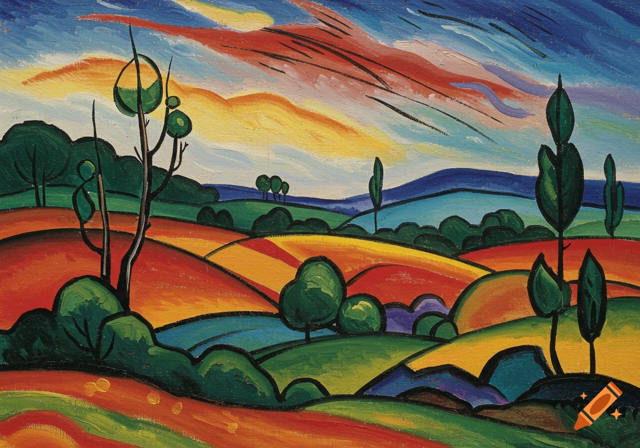 A vibrant, expressive landscape painting with rolling hills, trees, and ...