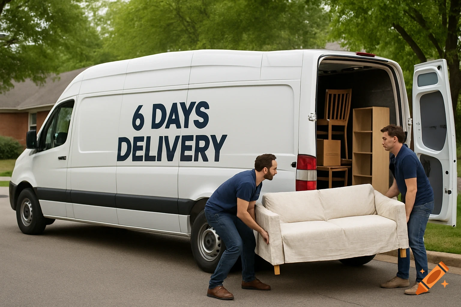 Two men move a sofa into a white delivery van labeled '6 DAYS DELIVERY ...