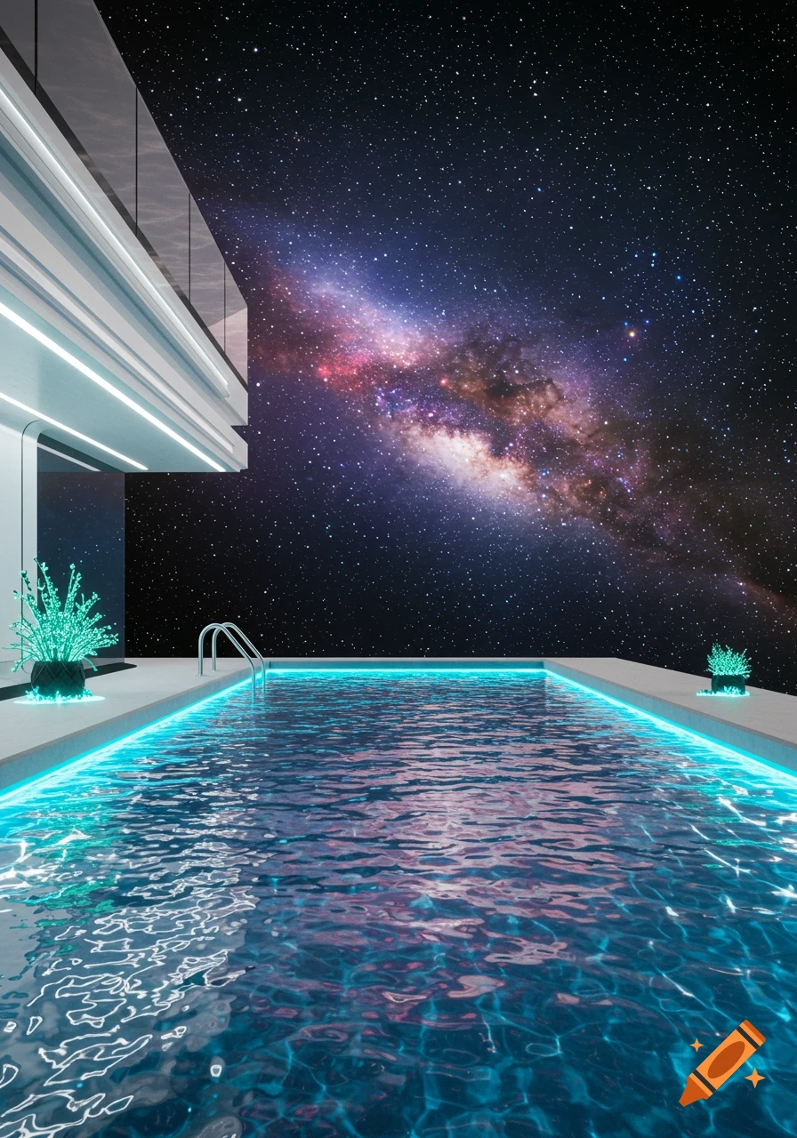 A modern swimming pool overlooking a vivid view of the Milky Way galaxy ...
