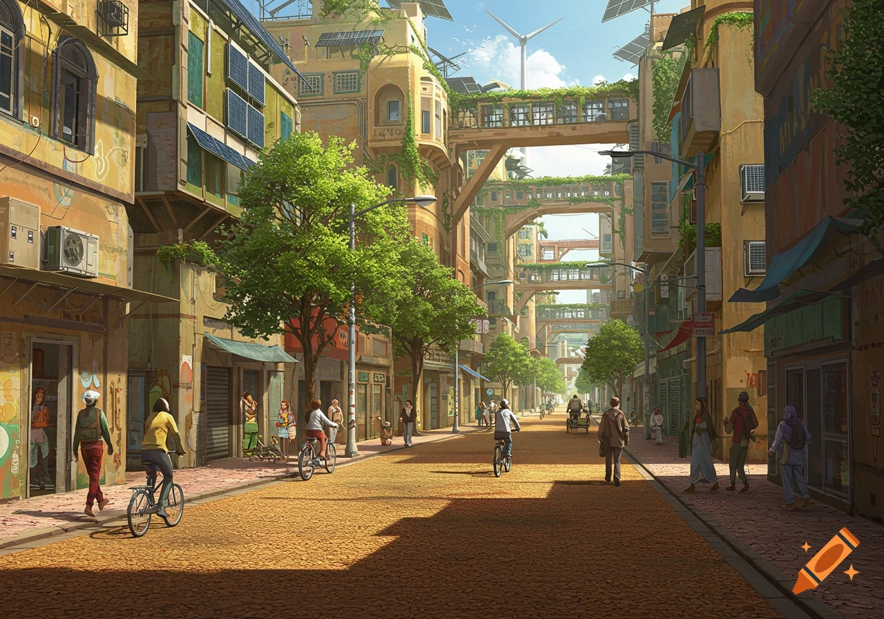 Solar punk cityscape with buildings, solar panels, elevated walkways ...