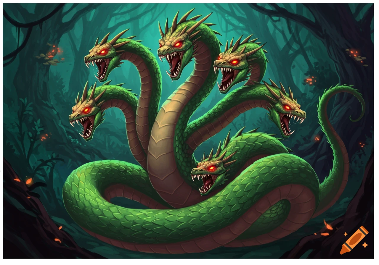 A multi-headed green hydra with red eyes in a dark fantasy forest. on ...